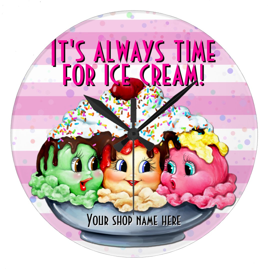 Time for ice cream.hand painted.pink.dot.stripes large clock | Zazzle