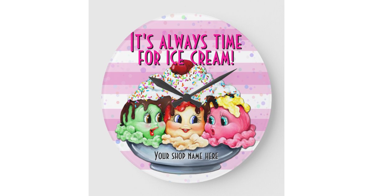 Time for ice cream.hand painted.pink.dot.stripes large clock | Zazzle