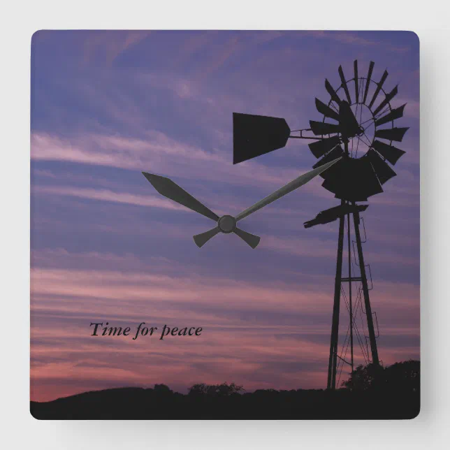 Time For Peace Wall Clock with Windmill in Sunset | Zazzle