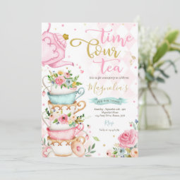 Time Four Tea Pink Floral 4th Birthday Tea ParTEA Invitation | Zazzle