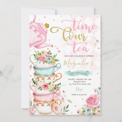Time Four Tea Pink Floral 4th Birthday Tea ParTEA Invitation | Zazzle