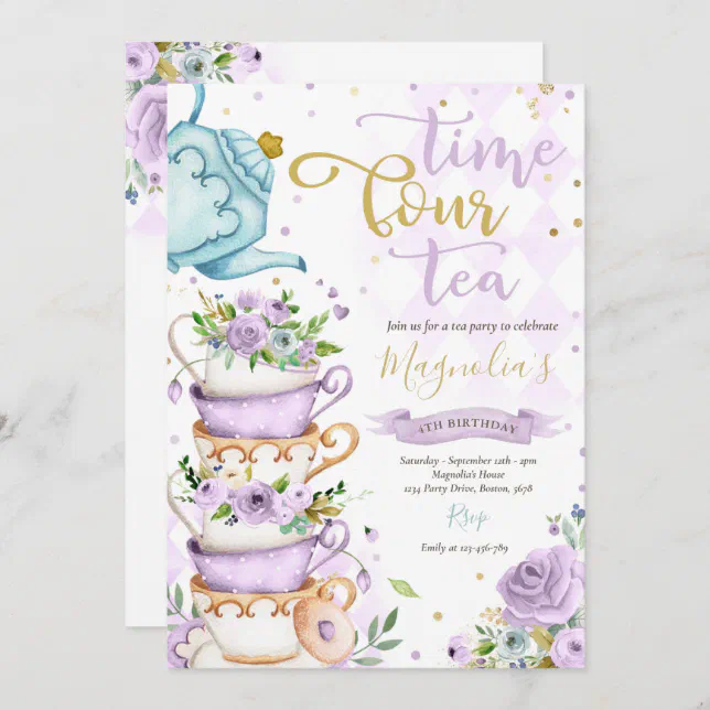 Time Four Tea Purple Floral 4th Birthday ParTEA Invitation | Zazzle