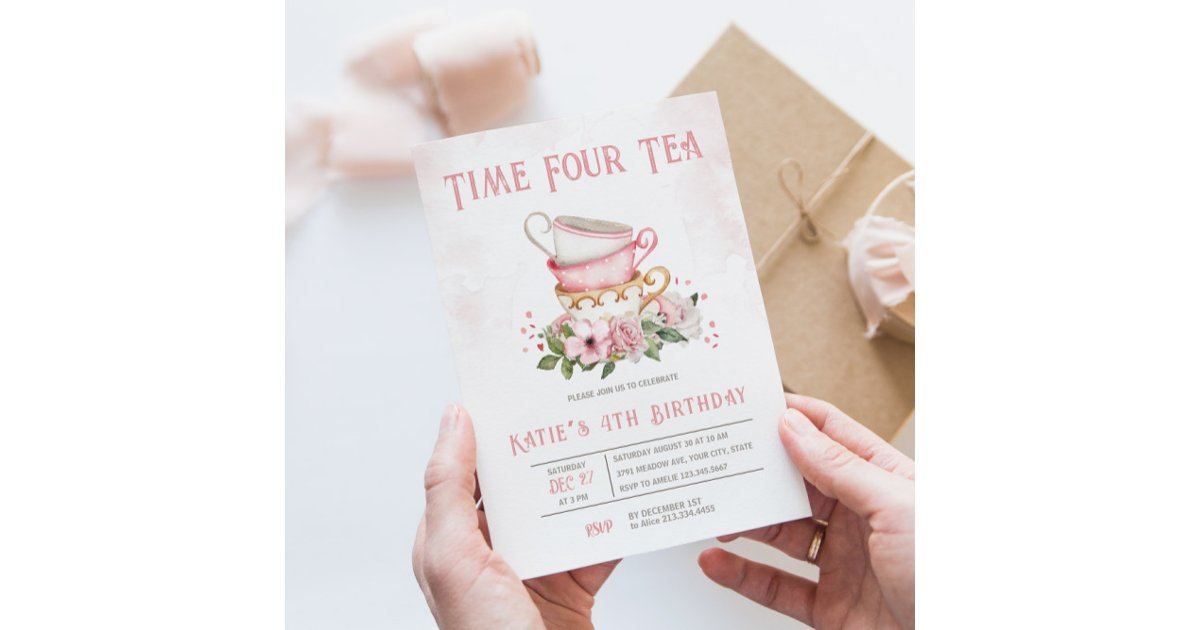 Time Four Tea Teacups Theme Birthday Invitation | Zazzle