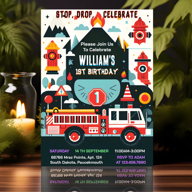 Time Red Hot Fire Truck Engine Safety 1st birthday Invitation | Zazzle
