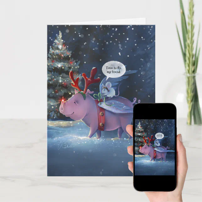 Time to Fly Unique Vintage Flying Pig Christmas Holiday Card | Zazzle