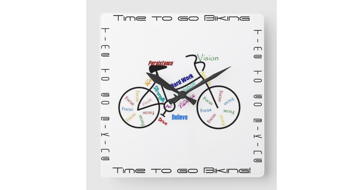 Time to go Biking, Bikes with Motivational Word Square Wall Clock | Zazzle
