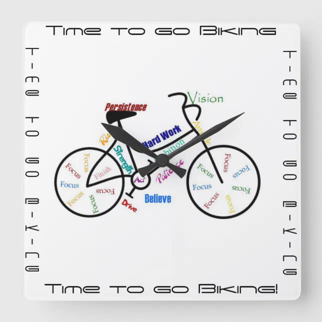 Time to go Biking, Bikes with Motivational Word Square Wall Clock | Zazzle