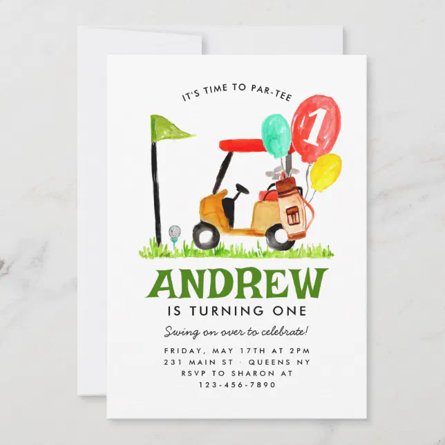 Time to Par-tee Golf Cart Balloon Golf Birthday Invitation | Zazzle