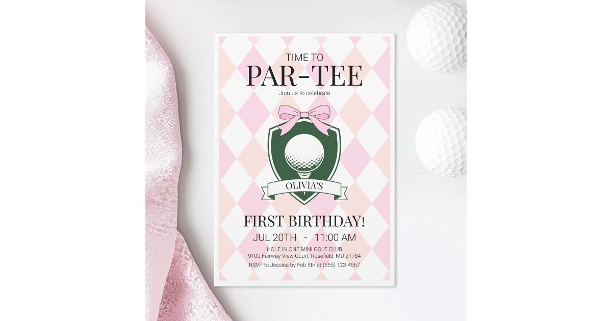 Time to Par-Tee Pink Golf First Birthday Party Invitation | Zazzle