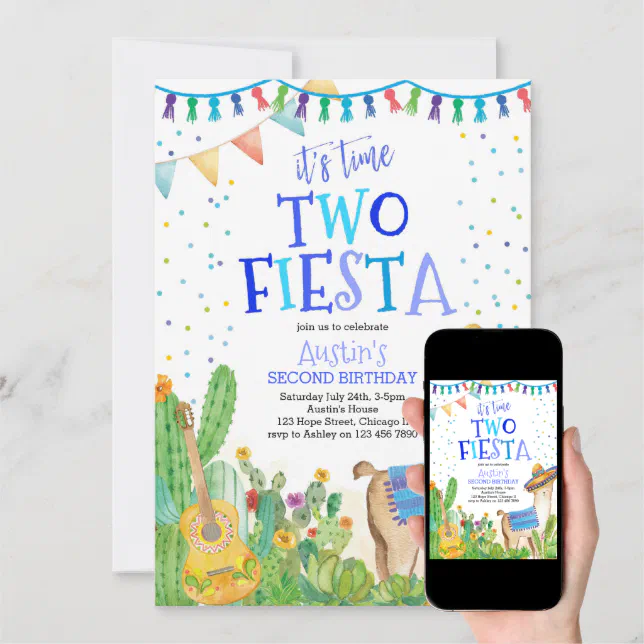 Time Two Fiesta Boy 2nd Birthday Cactus Invitation | Zazzle