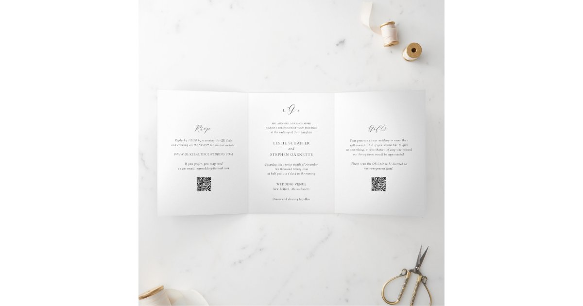 Timeless Black and White QR Code Elegant Wedding Tri-Fold Invitation ...