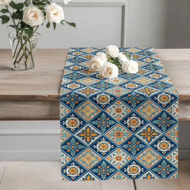 Timeless Blue and White Tile Lemons Classic Look Long Table Runner | Zazzle