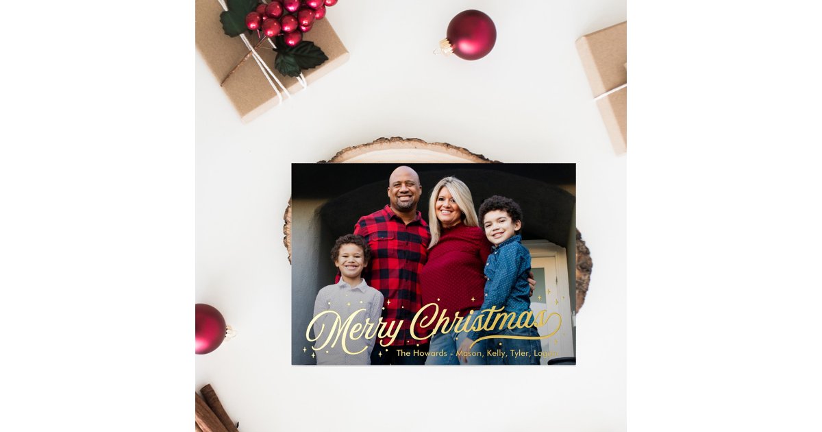 Timeless Glow Foil Merry Christmas Photo Card | Zazzle