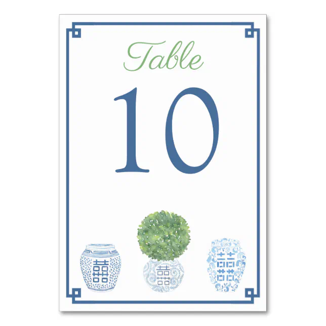 Timeless Green & Blue Boxwood Ginger Jar Wedding Table Number | Zazzle