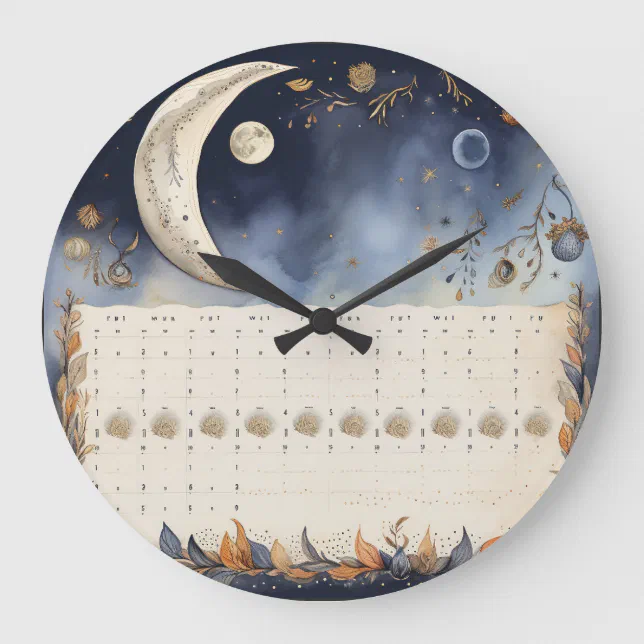 Timeless Moon Phase Atlas - Retro Astronomy Calend Large Clock | Zazzle