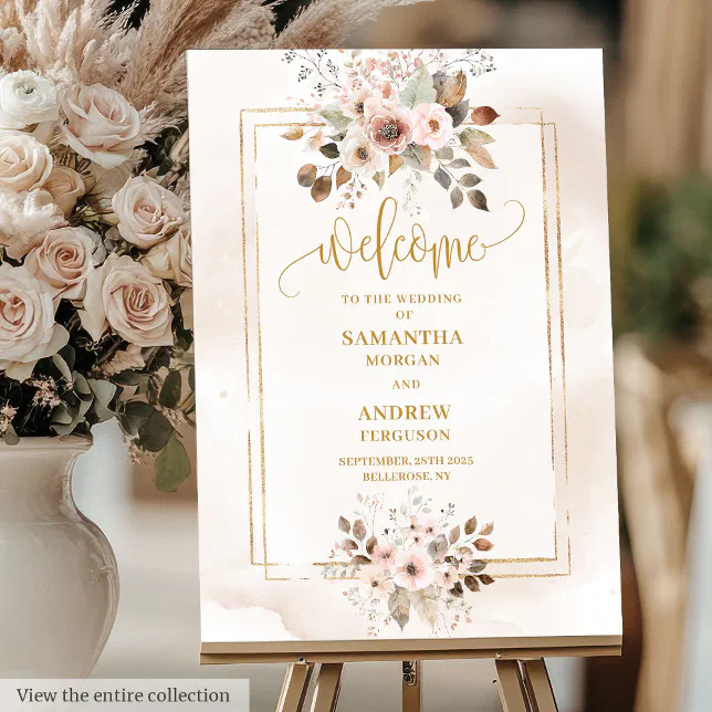 Timeless Neutral Gold Floral Wedding Welcome Sign | Zazzle