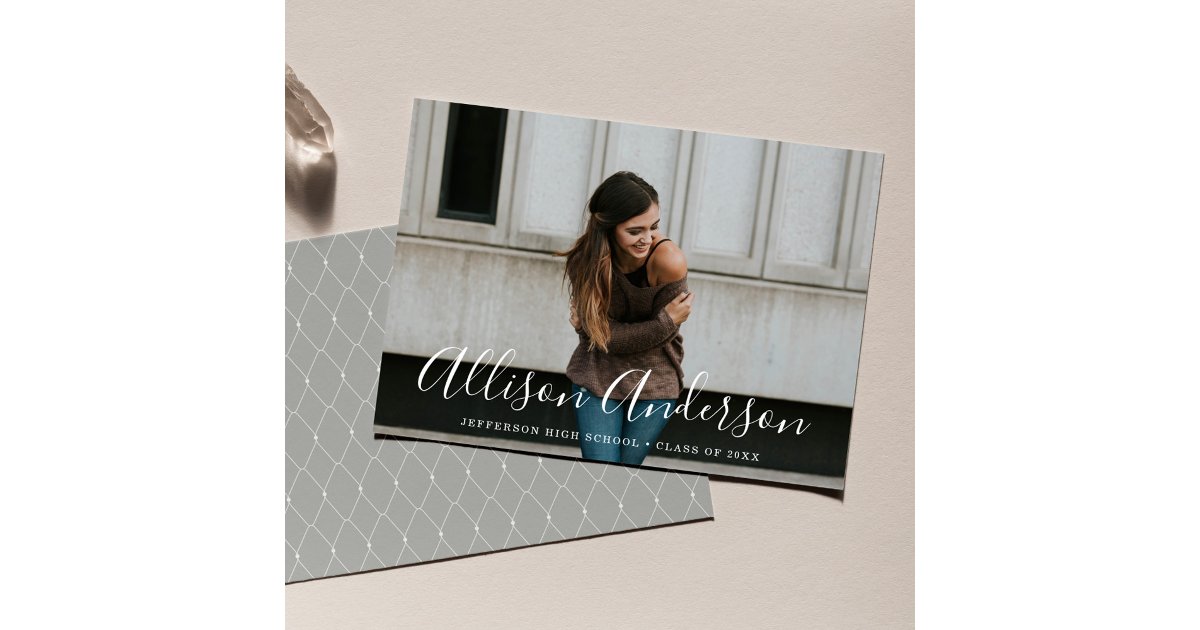 Timeless Script Light Gray Photo Graduation Announcement | Zazzle