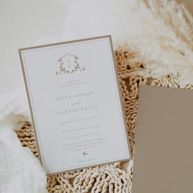 Timeless Vines Beige Monogram Wedding Crest Invitation | Zazzle
