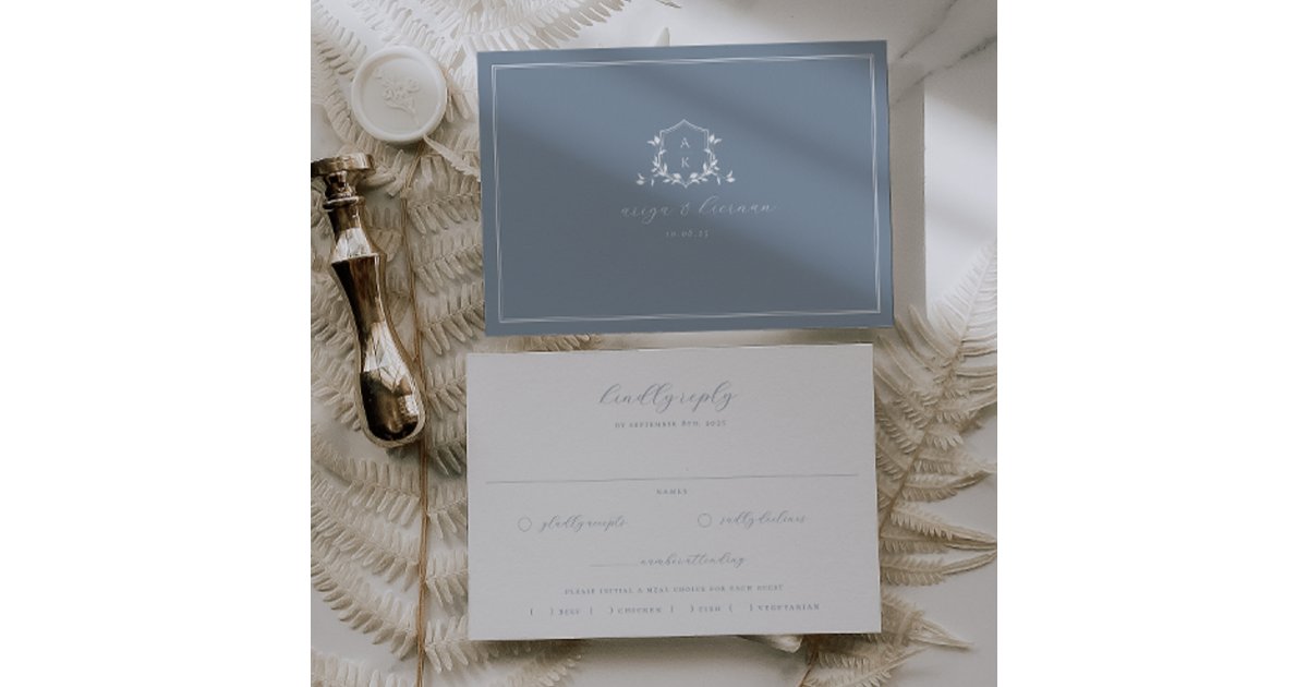 Timeless Vines Dusty Blue Crest Meal Choice RSVP Card | Zazzle