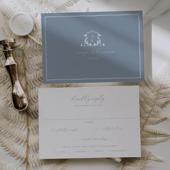 Timeless Vines Dusty Blue Crest Meal Choice RSVP Card | Zazzle