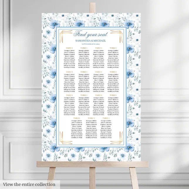 Timeless Watercolor Light Blue Gold Seating Chart | Zazzle