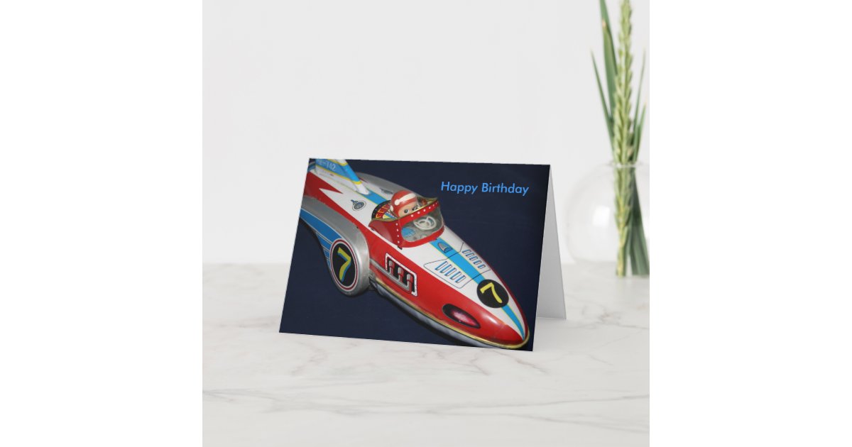 Tin Toy Rocket/Space Ship Happy Birthday Card | Zazzle