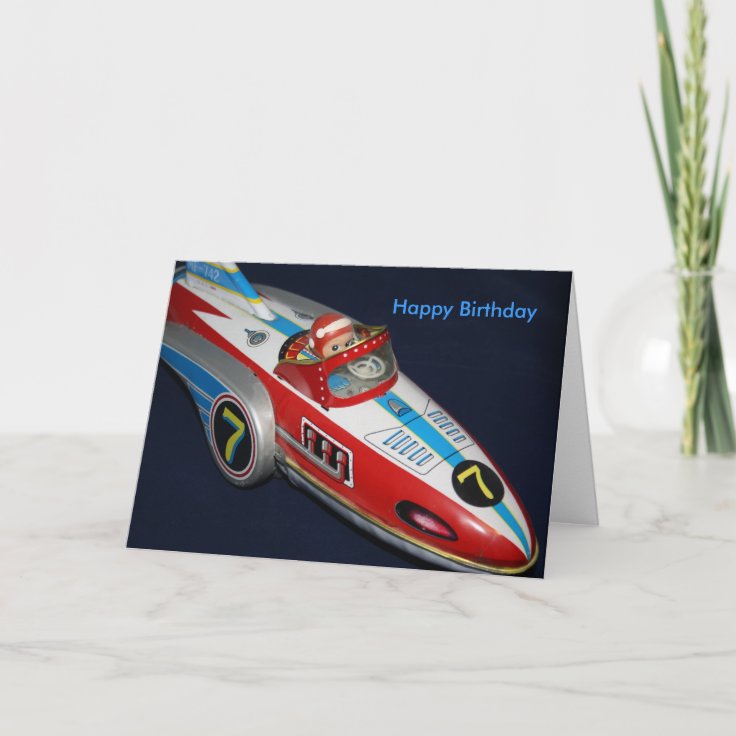 Tin Toy Rocket/Space Ship Happy Birthday Card | Zazzle