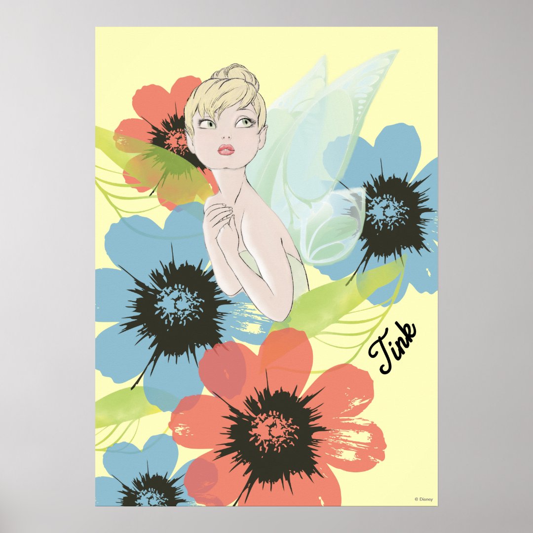 Tinker Bell Sketch With Cosmos Flowers Poster | Zazzle