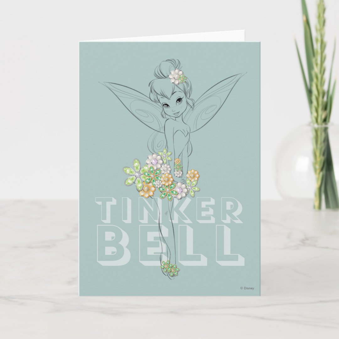 Tinker Bell Sketch With Jewel Flowers Card | Zazzle