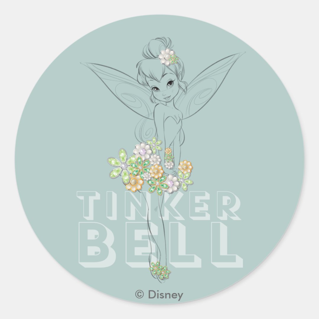 Tinker Bell Sketch With Jewel Flowers Classic Round Sticker | Zazzle
