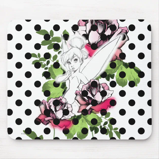 Tinker Bell Sketch With Roses and Polka Dots Mouse Pad | Zazzle