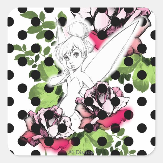 Tinker Bell Sketch With Roses and Polka Dots Square Sticker | Zazzle.com