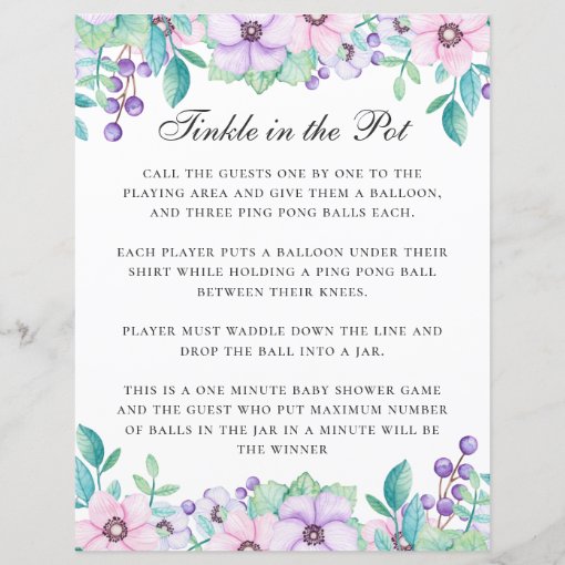 Tinkle in the pot. Purple floral baby shower game | Zazzle