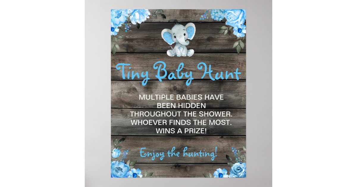Tiny Baby Hunt Boy Elephant Baby Shower Game Poster | Zazzle