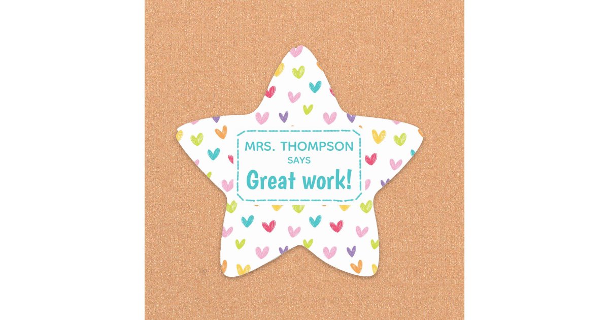 Tiny colorful hearts teacher's compliment star sticker | Zazzle