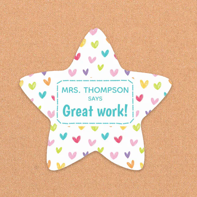 Tiny colorful hearts teacher's compliment star sticker | Zazzle
