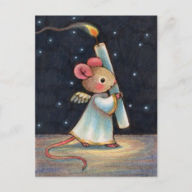 Tiny Flame - Cute Christmas Angel Mouse Art Holiday Postcard | Zazzle