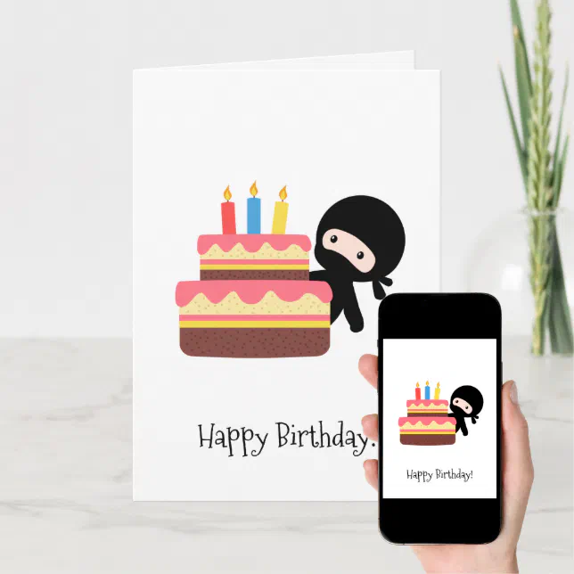 Tiny Ninja Behind Birthday Cake Card | Zazzle