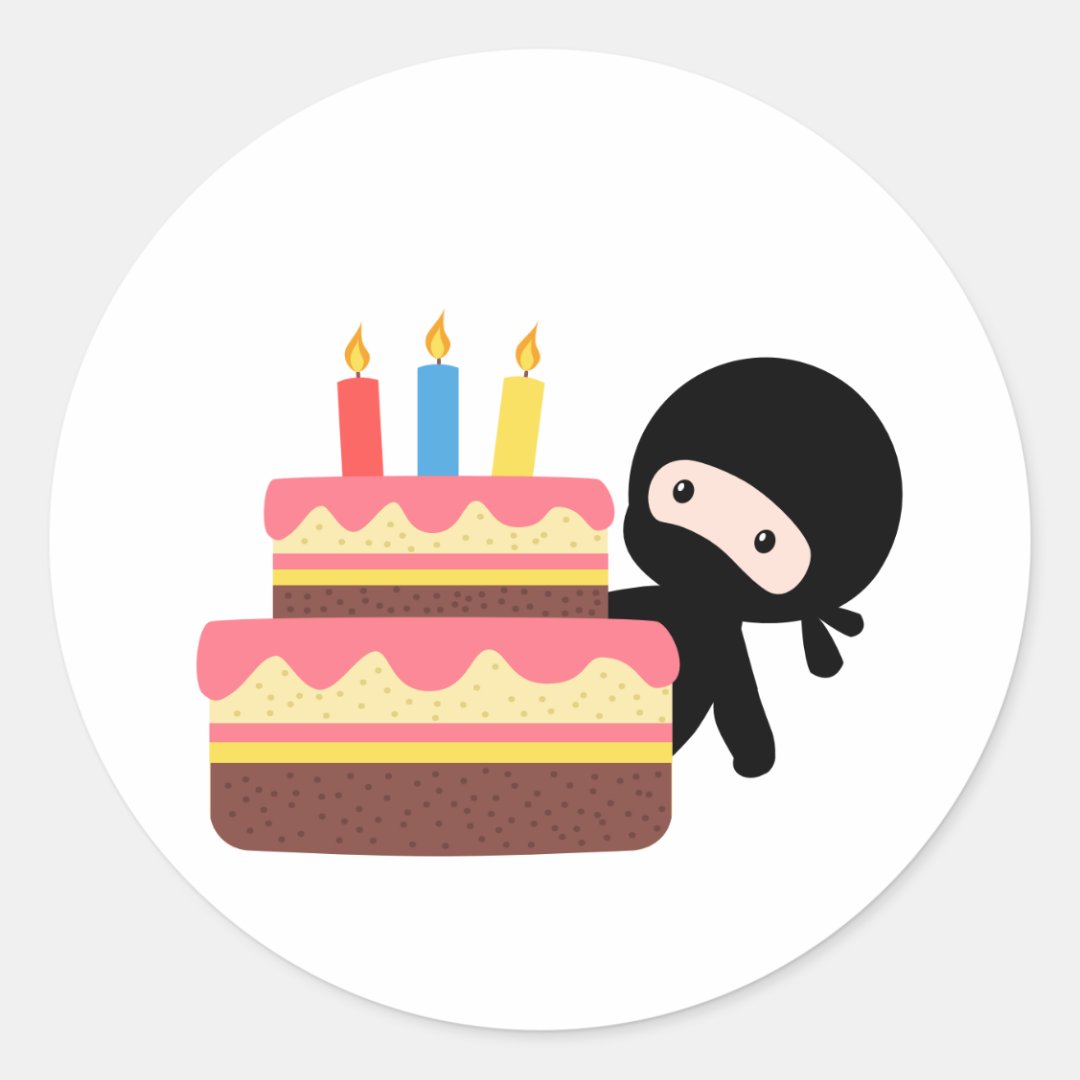 Tiny Ninja Behind Birthday Cake Classic Round Sticker | Zazzle