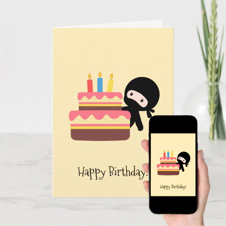 Tiny Ninja Behind Birthday Cake Yellow Card | Zazzle