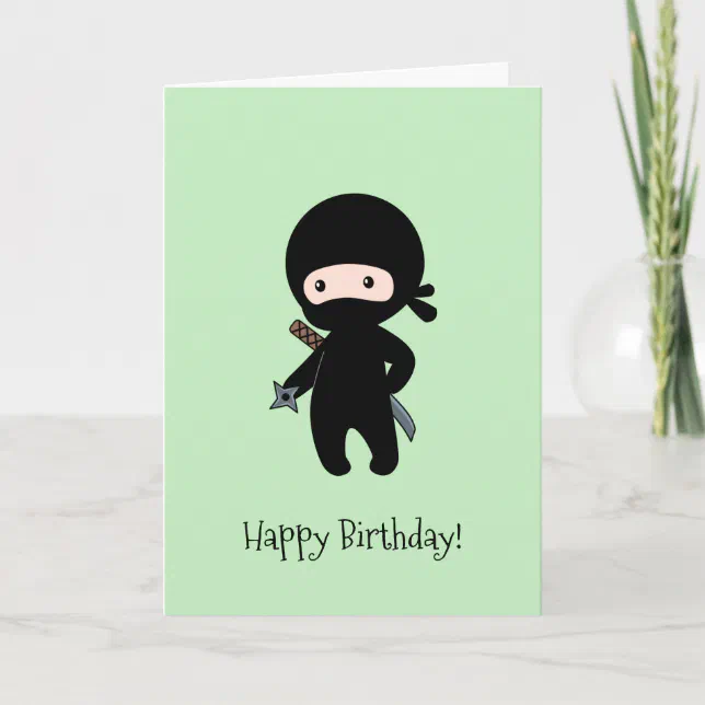 Tiny Ninja Holding Throwing Star Green Birthday Card | Zazzle