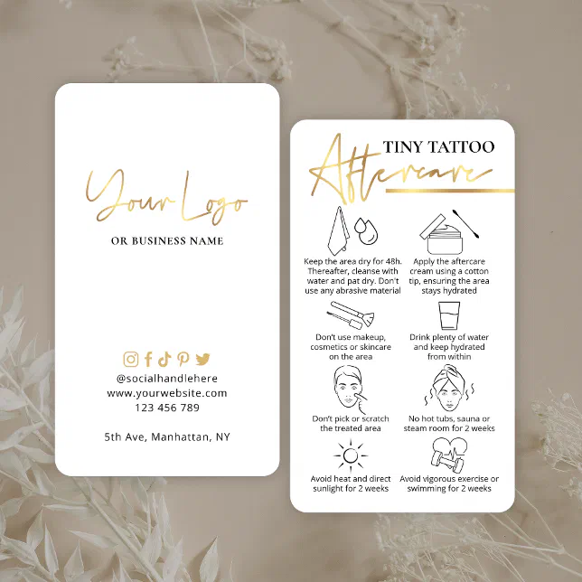 Tiny Tattoo Aftercare Guide Elegant Gold PMU Business Card | Zazzle