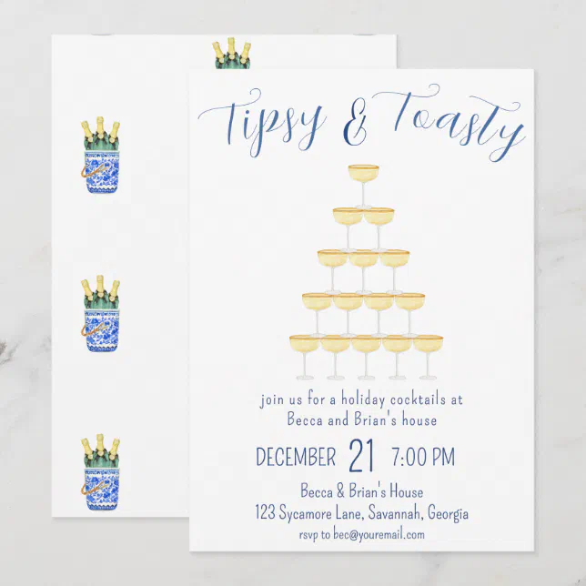 Tipsy & Toasty Christmas Party Bubbly Glass Invitation | Zazzle