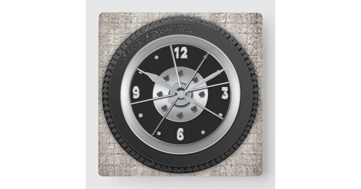 Tire Clock - Square Background -Brown Faux Texture | Zazzle
