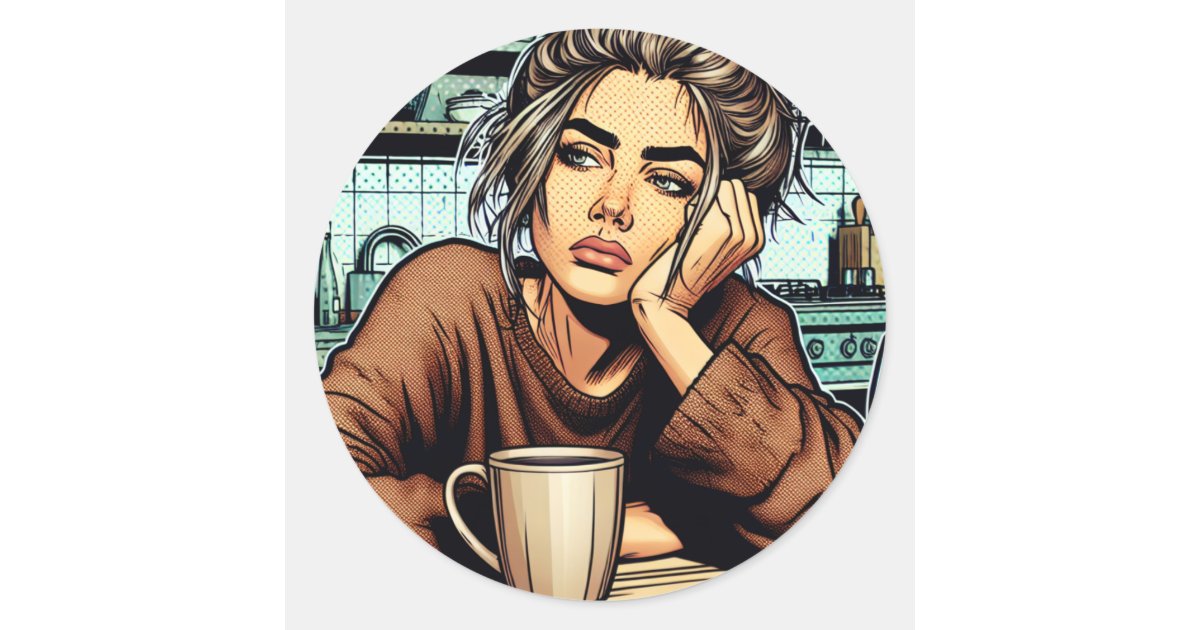 Tired Lady with Coffee | Comic Book Pop Art Classic Round Sticker | Zazzle