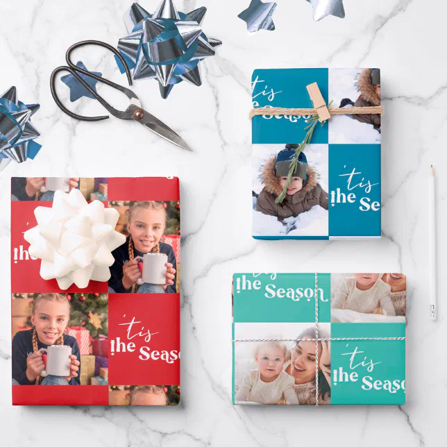 Tis the Season Square Photos Set of 3 Wrapping Paper Sheets | Zazzle