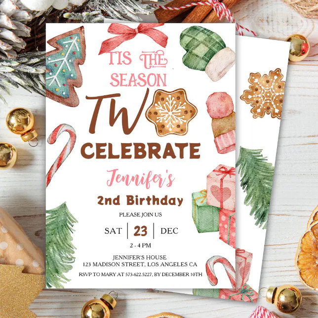 Tis the Season TWO! Girl Christmas 2nd Birthday Invitation | Zazzle