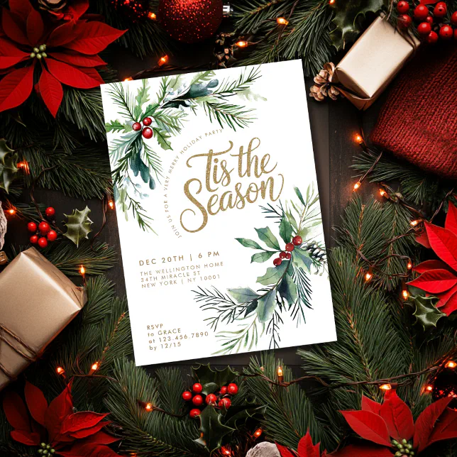Tis The Season Winter Berries Foliage Christmas Invitation | Zazzle