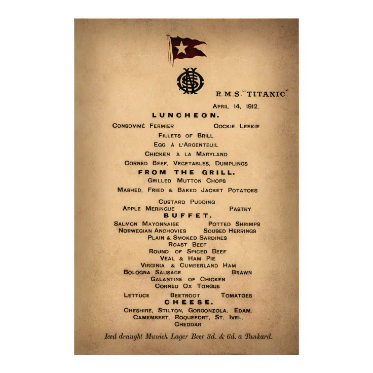 TITANIC Final Luncheon Menu 1912 Photo Print | Zazzle