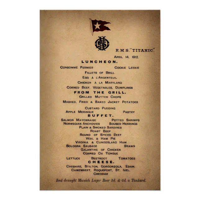 TITANIC Final Luncheon Menu 1912 Poster | Zazzle